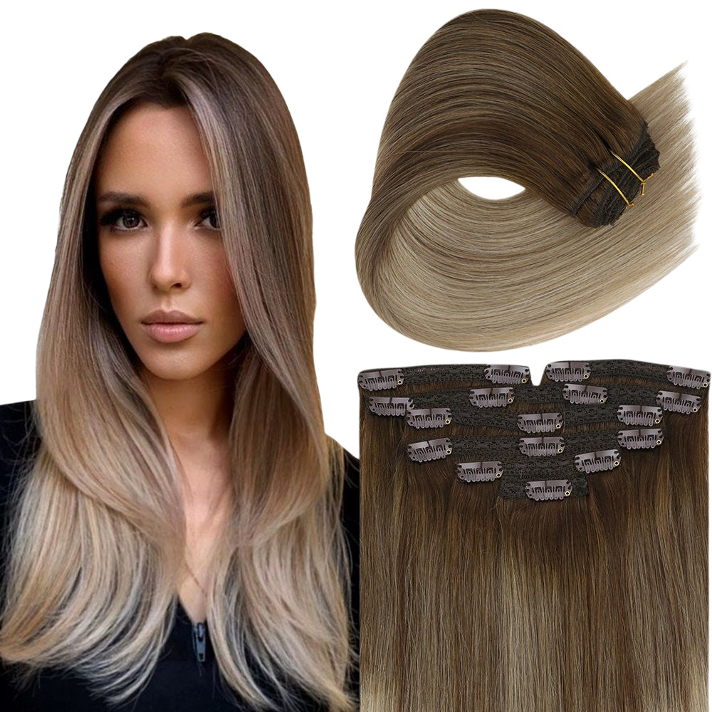 Clip in Human Hair Extensions 100% Remy Clip Hair Balayage #4/14/60 ...